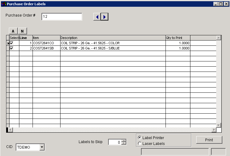 Purchase Order Labels Screen - Adjutant Wiki